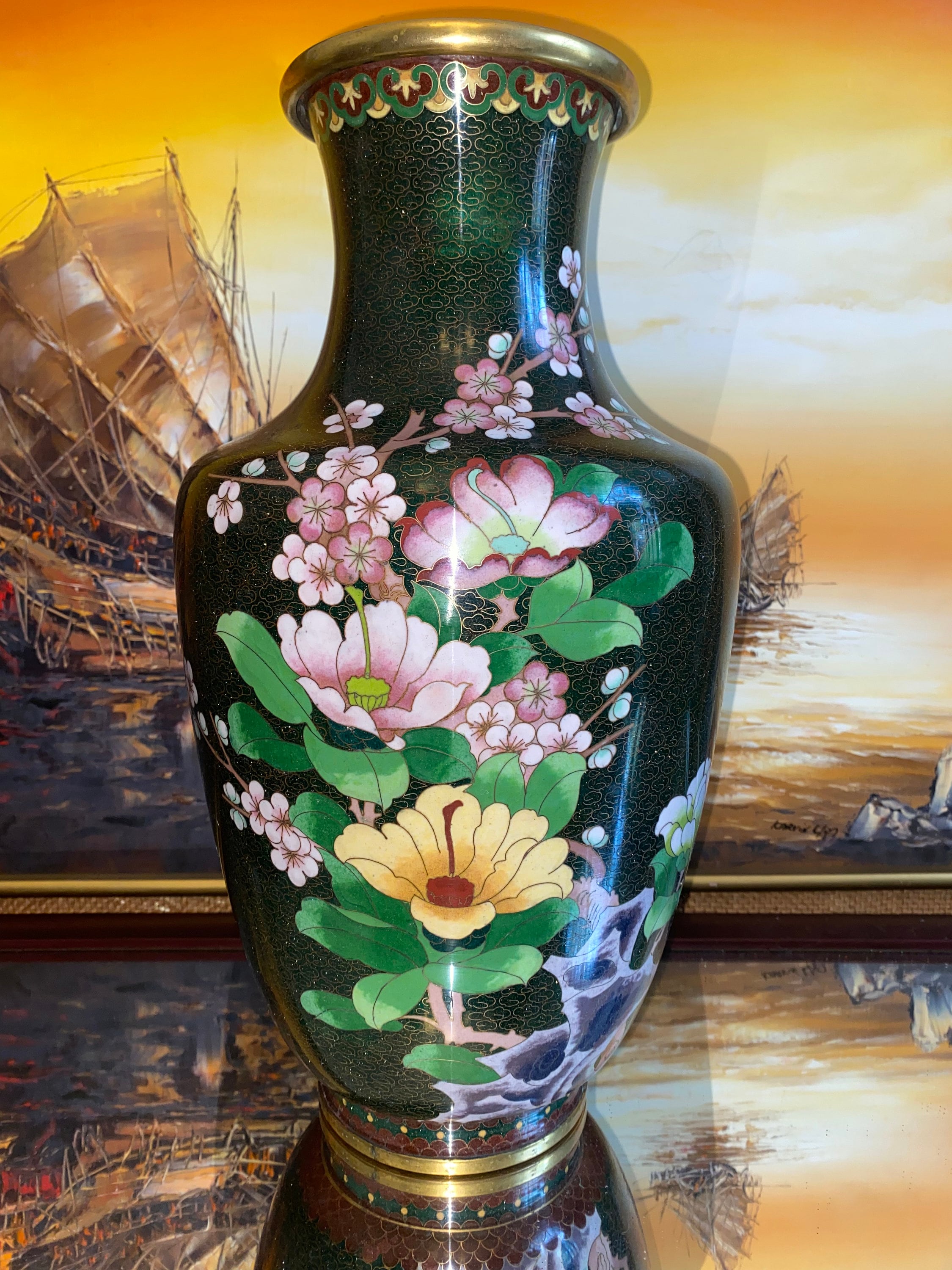 Vintage Large Chinese Cloisonné Jingfa Floral Patterned Brass Enameled ...