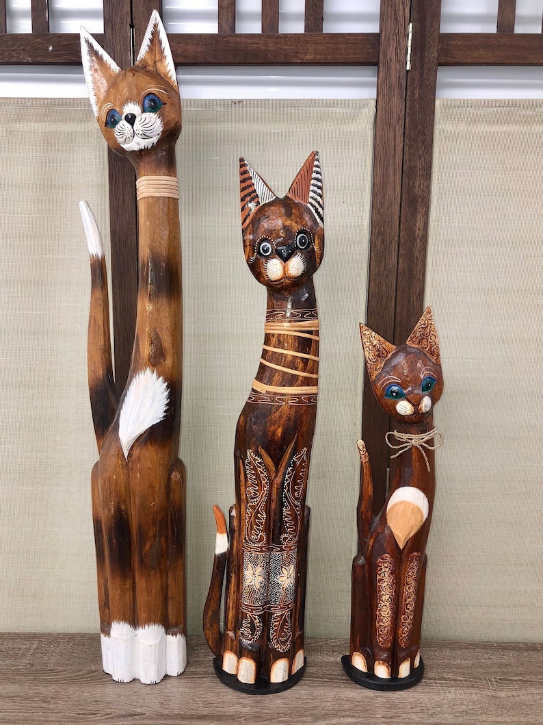 Vtg Wood Hand Carved Cat Statue Textured Hand-painted With Straw Detail ...