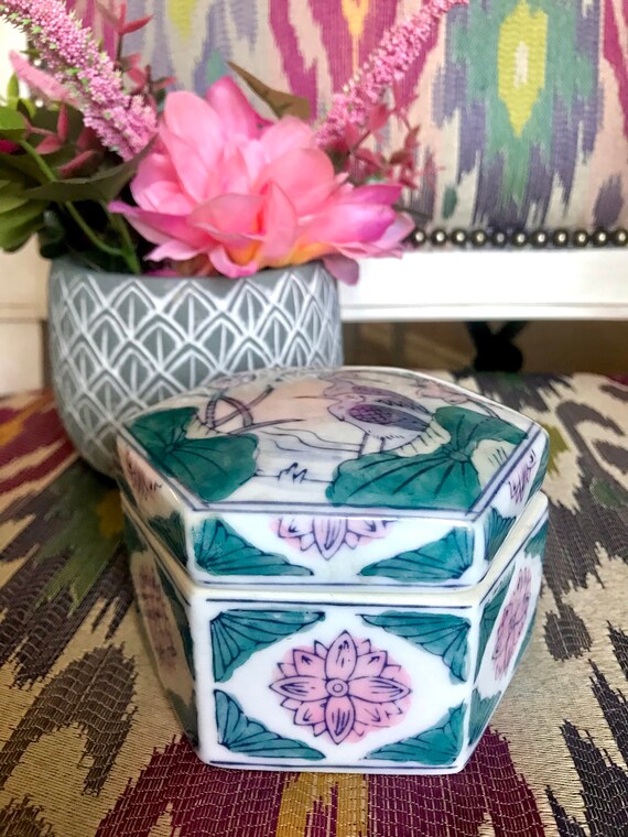 Vintage Chinoiserie Crane Birds Jewelry Box | Porcela… - Gem