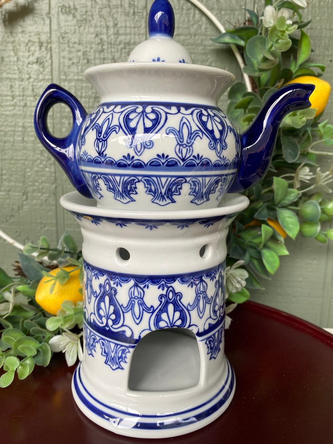 Bombay Porcelain Blue & White Teapot With Warmer Stand for Tea / Coffee ...