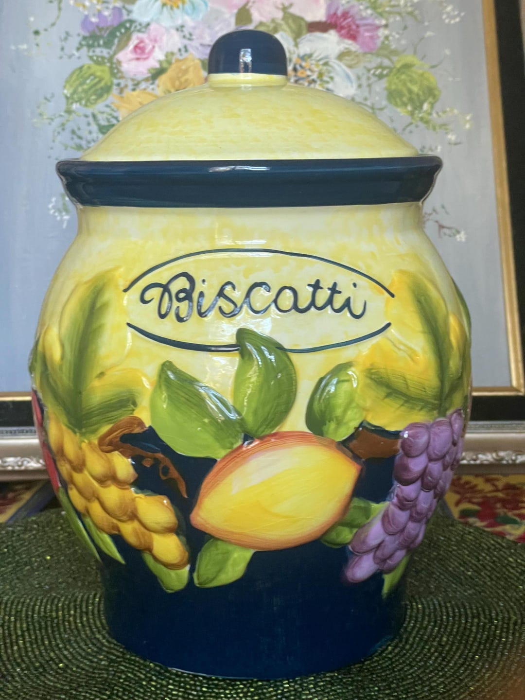 Vintage Nonni's Biscotti Painted Cookie Jar Canister Yellow Fruit Decor ...