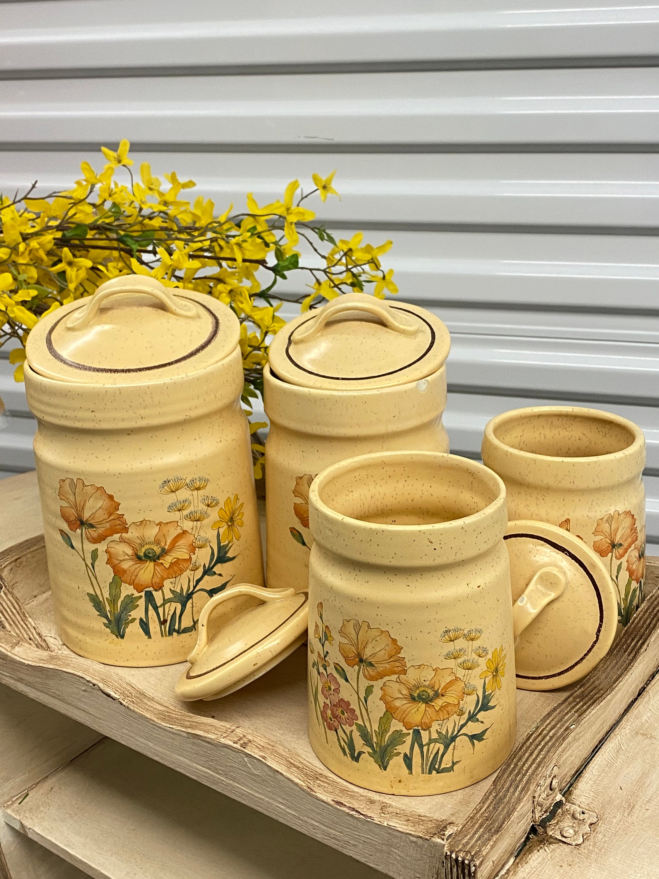 Set of 4 Vintage Canisters, Wildflower Pattern, 8 Pc Set Treasure Craft ...