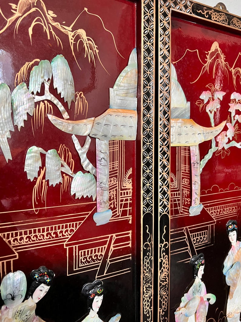 Rare Vintage Oriental Ivory Mother of Pearl Soapstone Inlay Gold ...