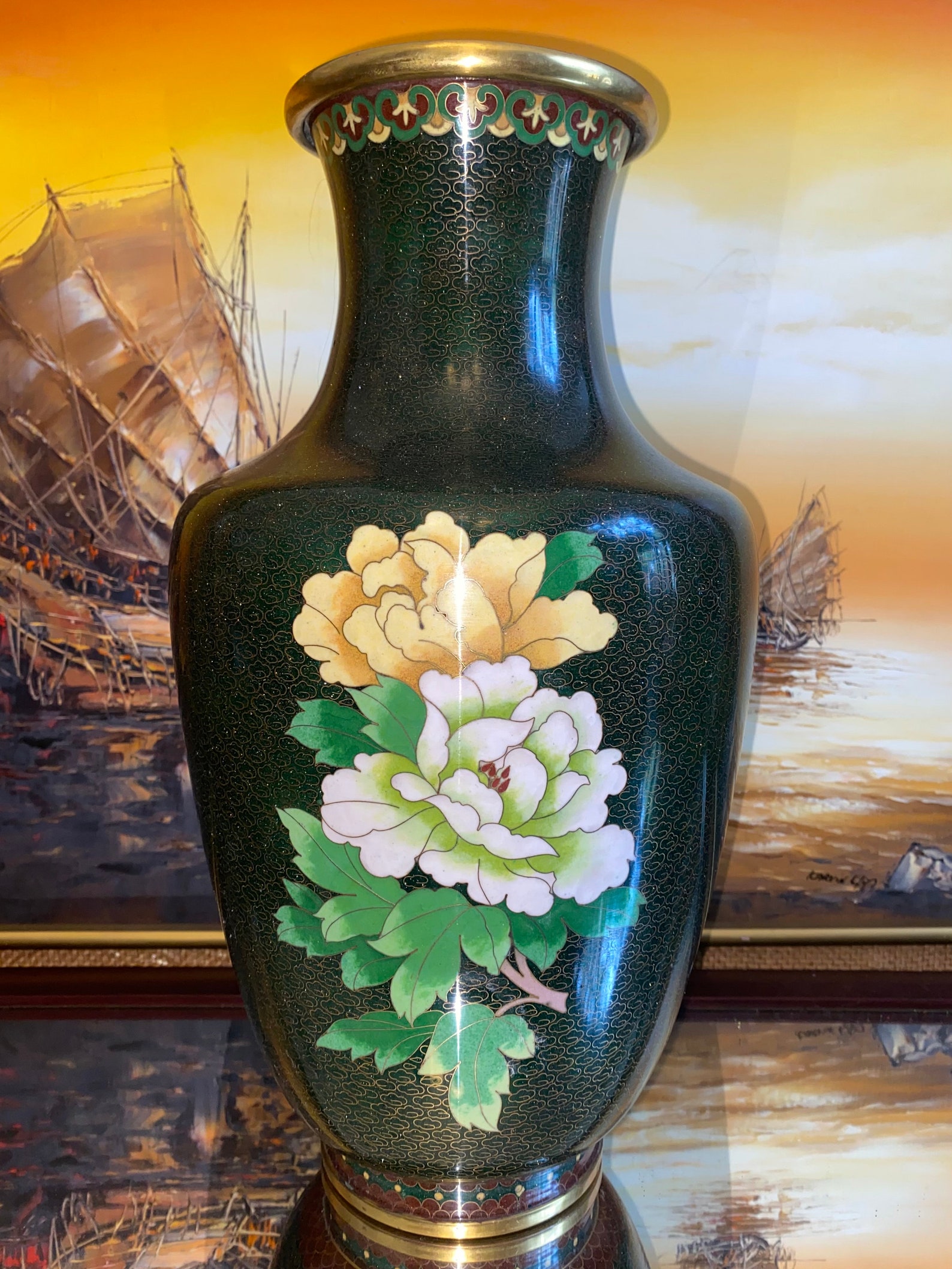 Vintage Large Chinese Cloisonné Jingfa Floral Patterned Brass Enameled ...