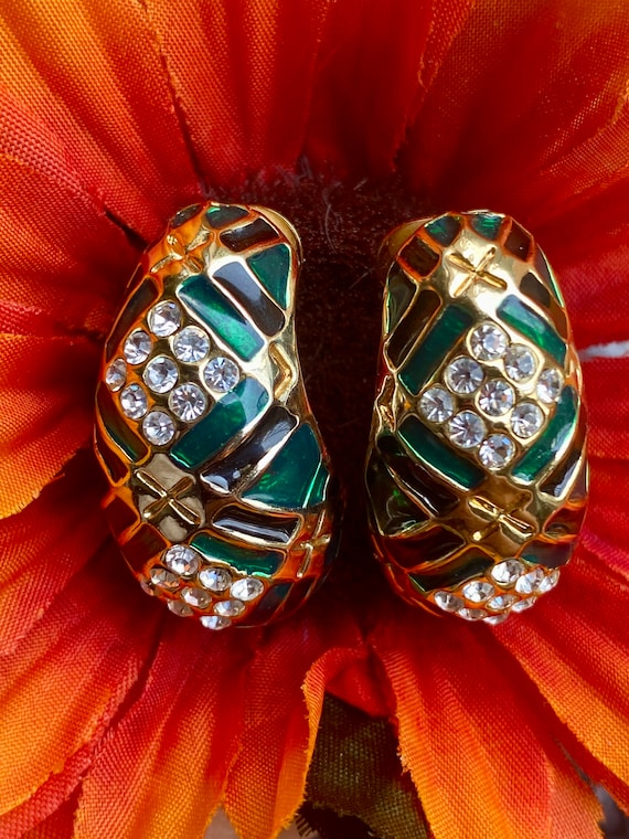 Vintage Emerald Green Enameled Crystal Clear Rhinesto… - Gem
