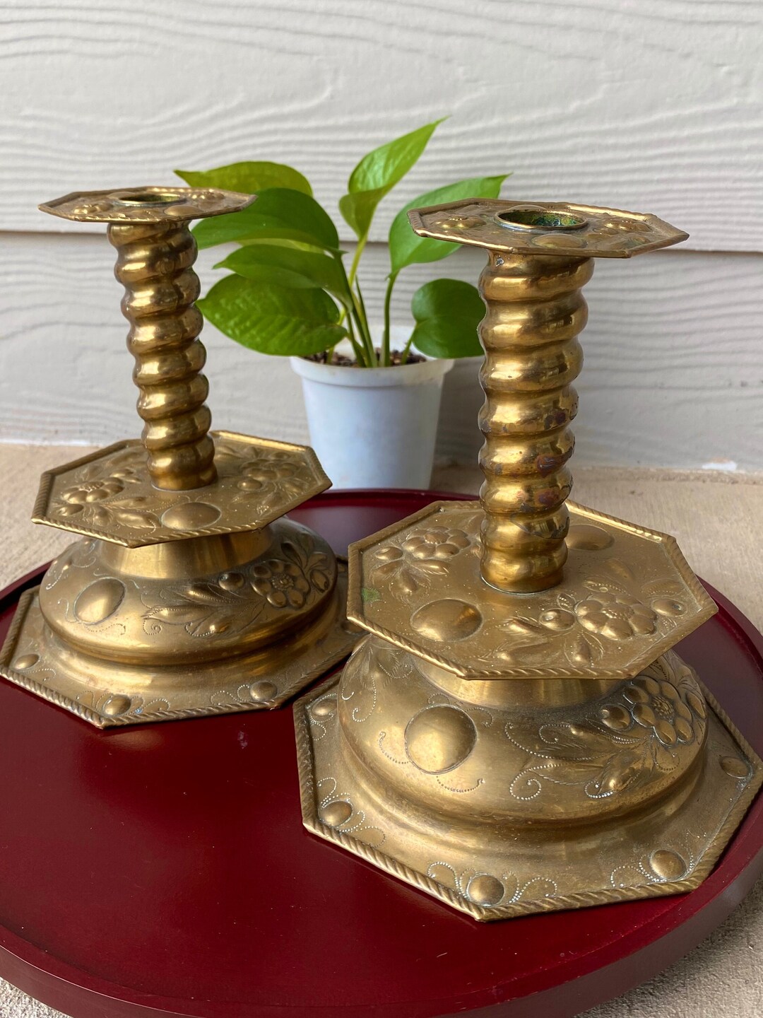 Beautiful Antique Baroque Form Pair of Octagonal Brass Candlestick ...