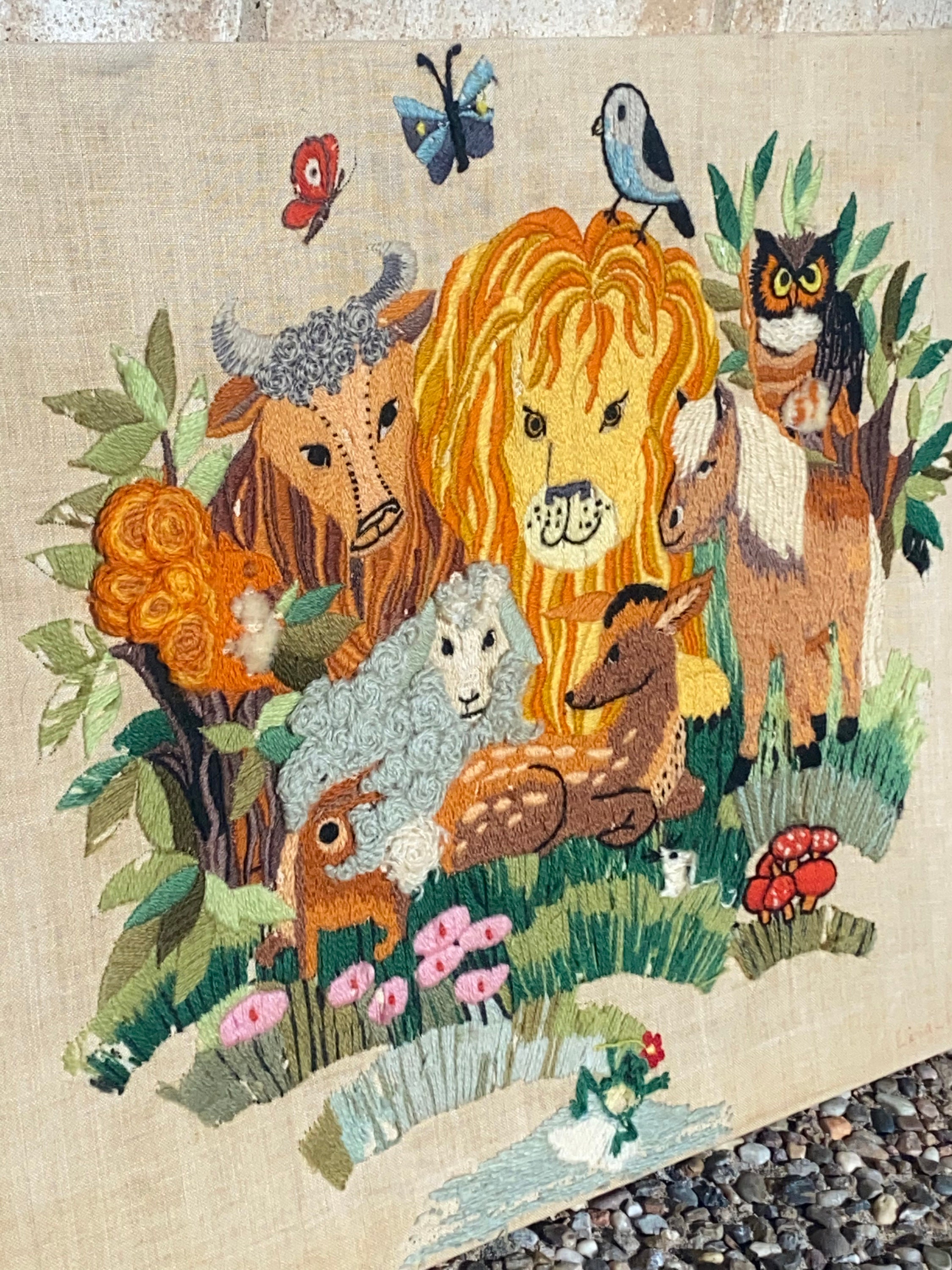 Vintage Lion Crewel Embroidered Animal Wall Art Peaceable Kingdom Folk ...