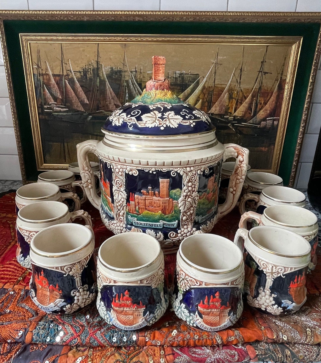 Vintage German Castle Punch Bowl Set • Medieval Goth Stoneware Stein ...