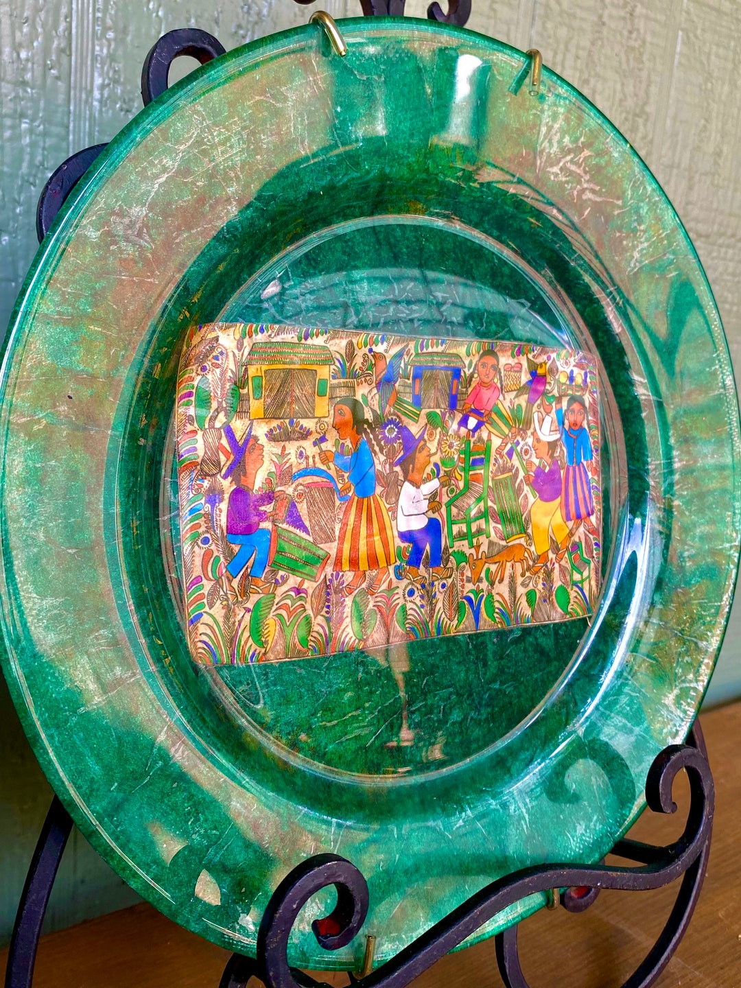 Vintage Folk Art Handmade Multicolor Decoupage Glass Plate Decor SIGNED ...