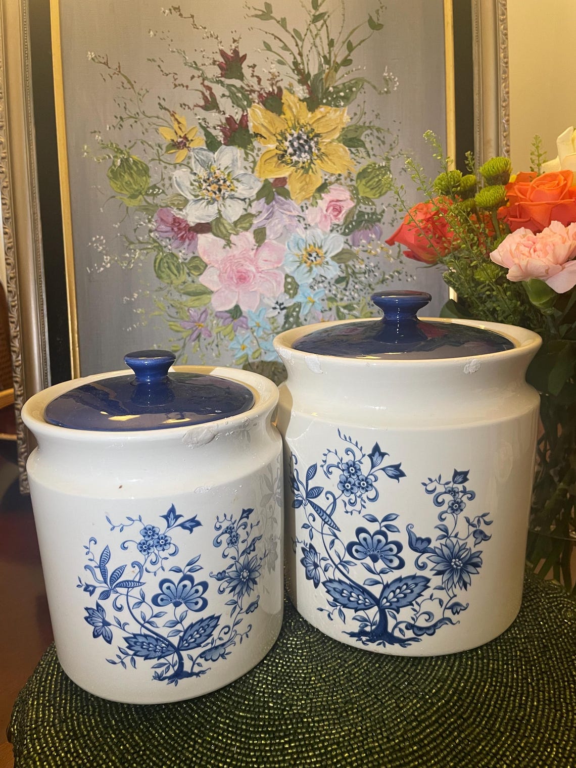Vintage Cornflower Blue and White Ceramic Cookie Jar Canisters, Heavy ...