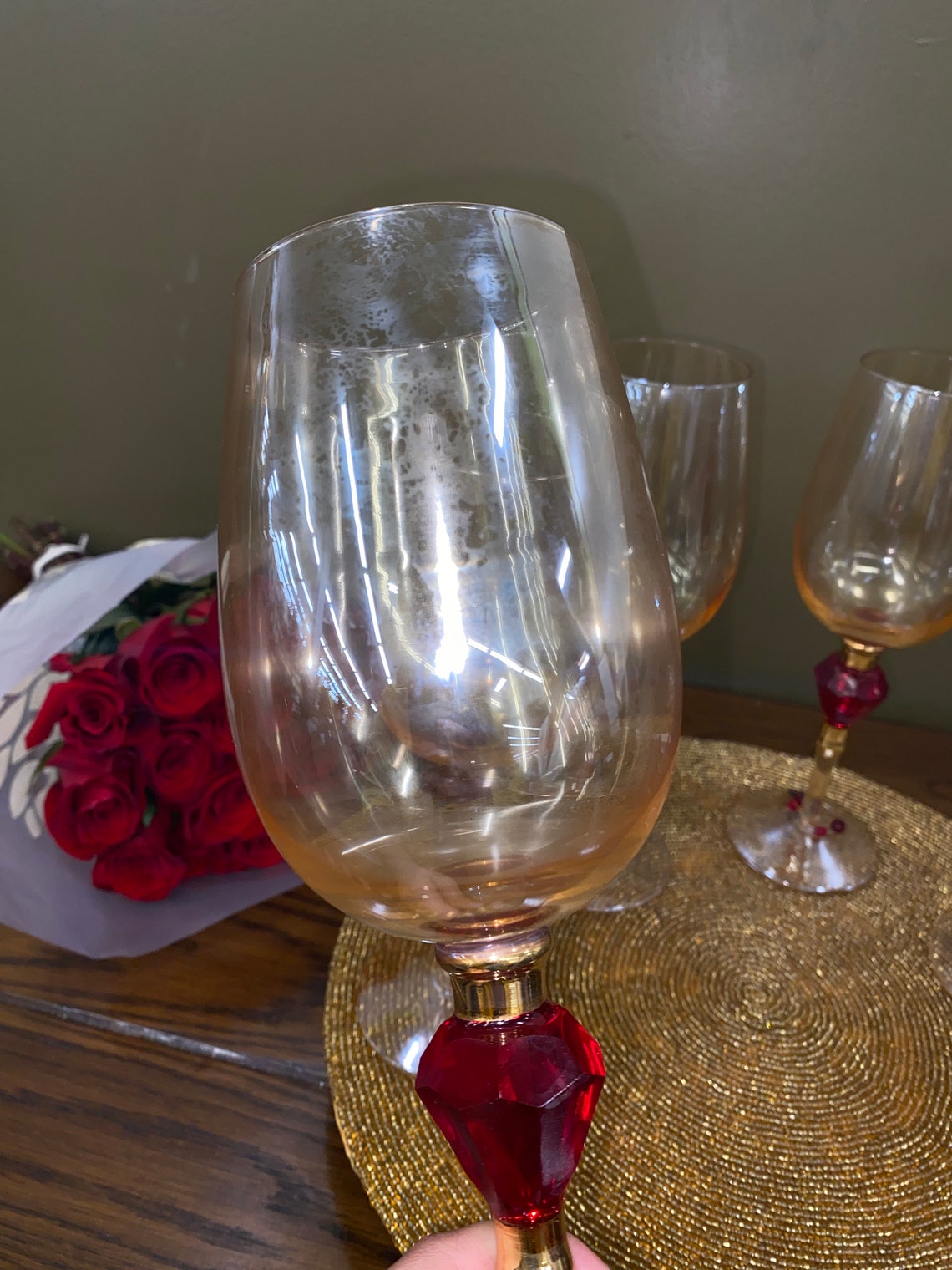 Vintage Pier 1 Amber Luster Glass Goblets With Gold Trim and Red ...