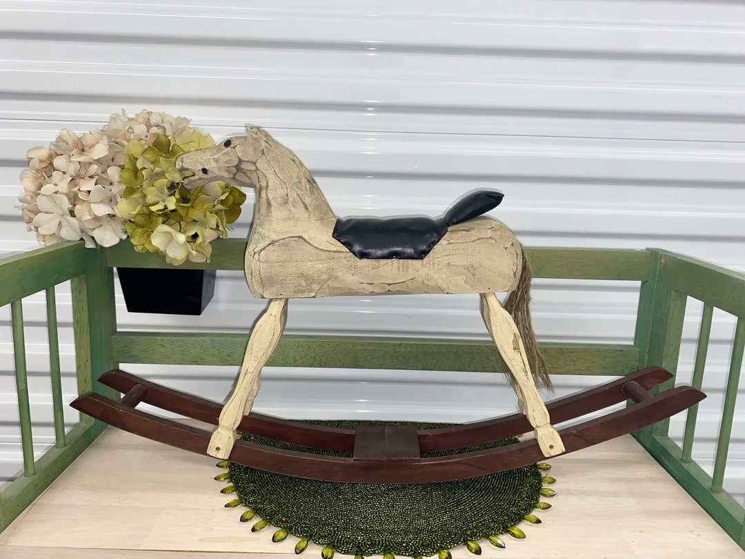 Vintage Large Hand Carved Rocking Horse Wood and Leather - Etsy