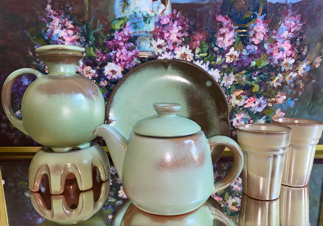 Vintage Frankoma Art Pottery Plainsman Prairie Green Tea Set + Carafe ...
