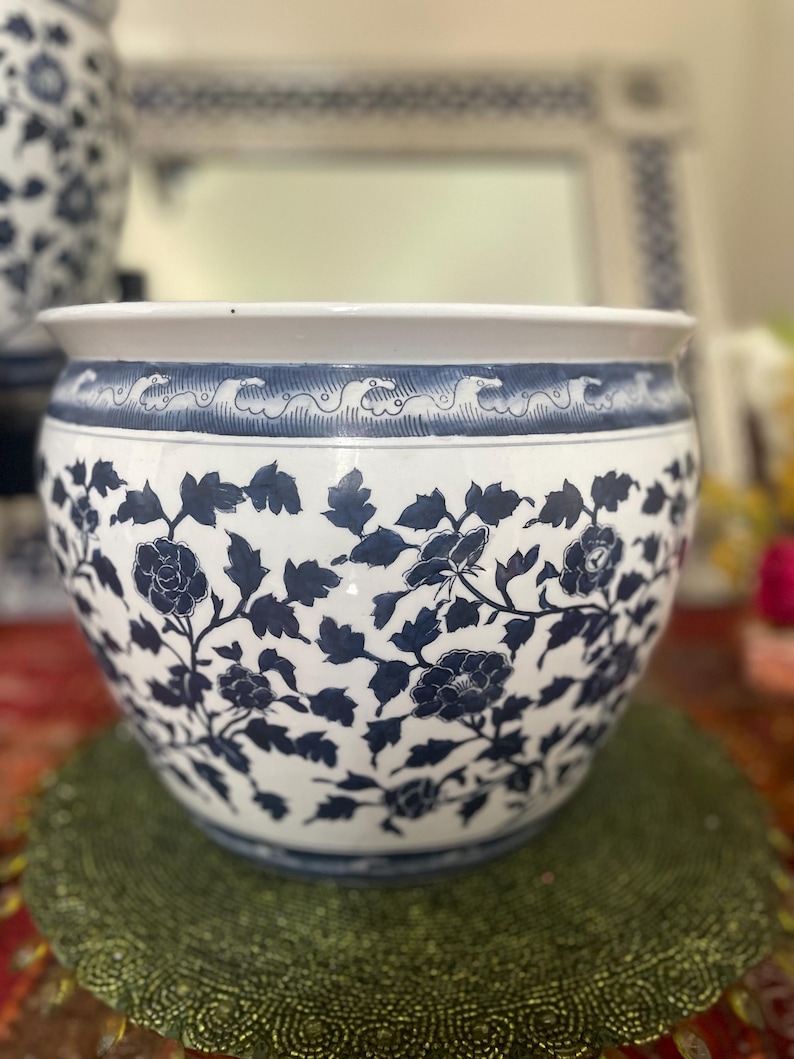Vintage Blue and White Porcelain Lotus Pond Chinese Fishbowl Planter ...