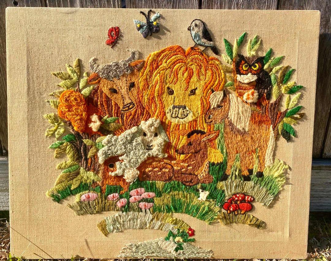 Vintage Lion Crewel Embroidered Animal Wall Art Peaceable Kingdom Folk ...