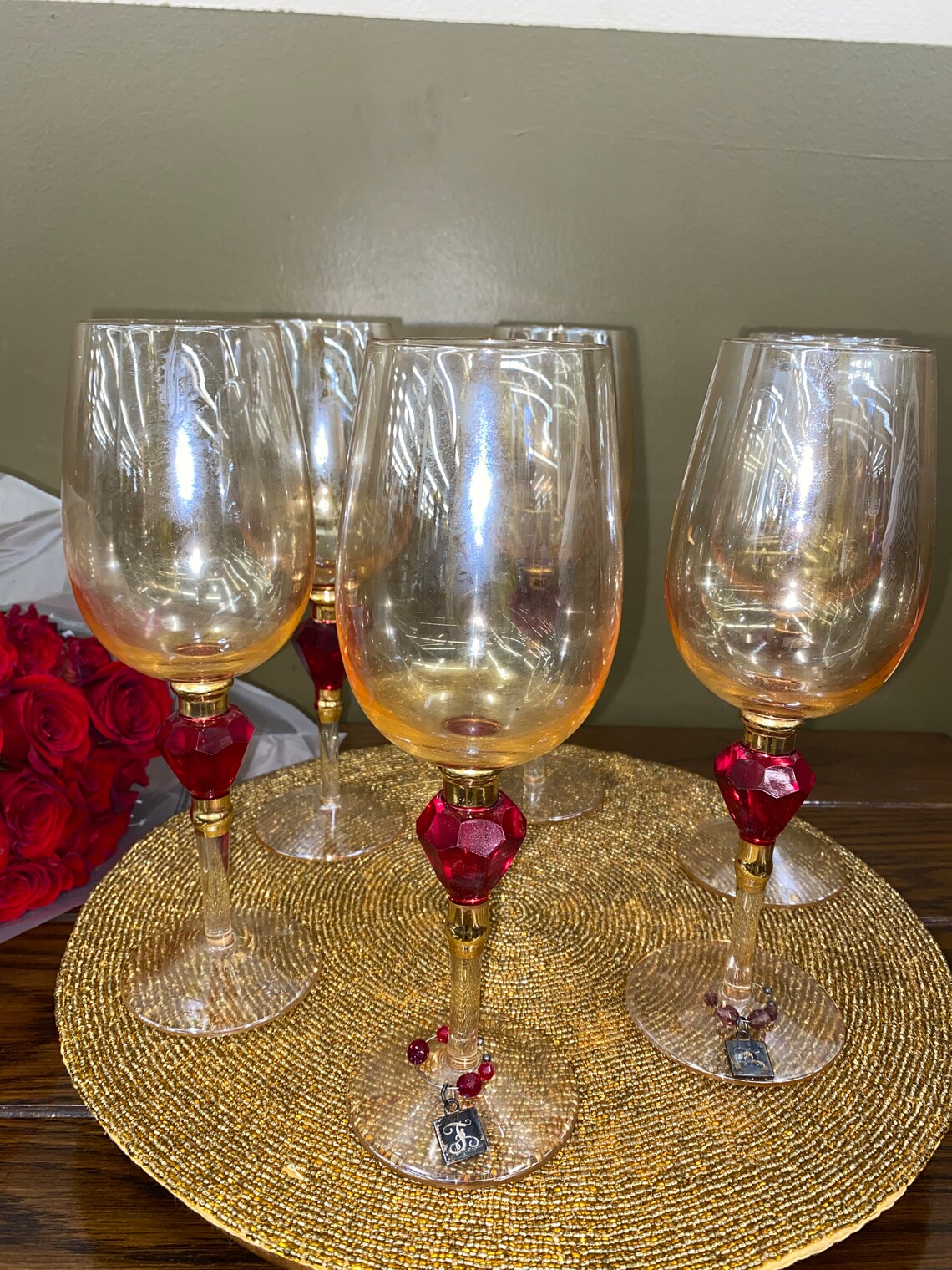 Vintage Pier 1 Amber Luster Glass Goblets With Gold Trim and Red ...