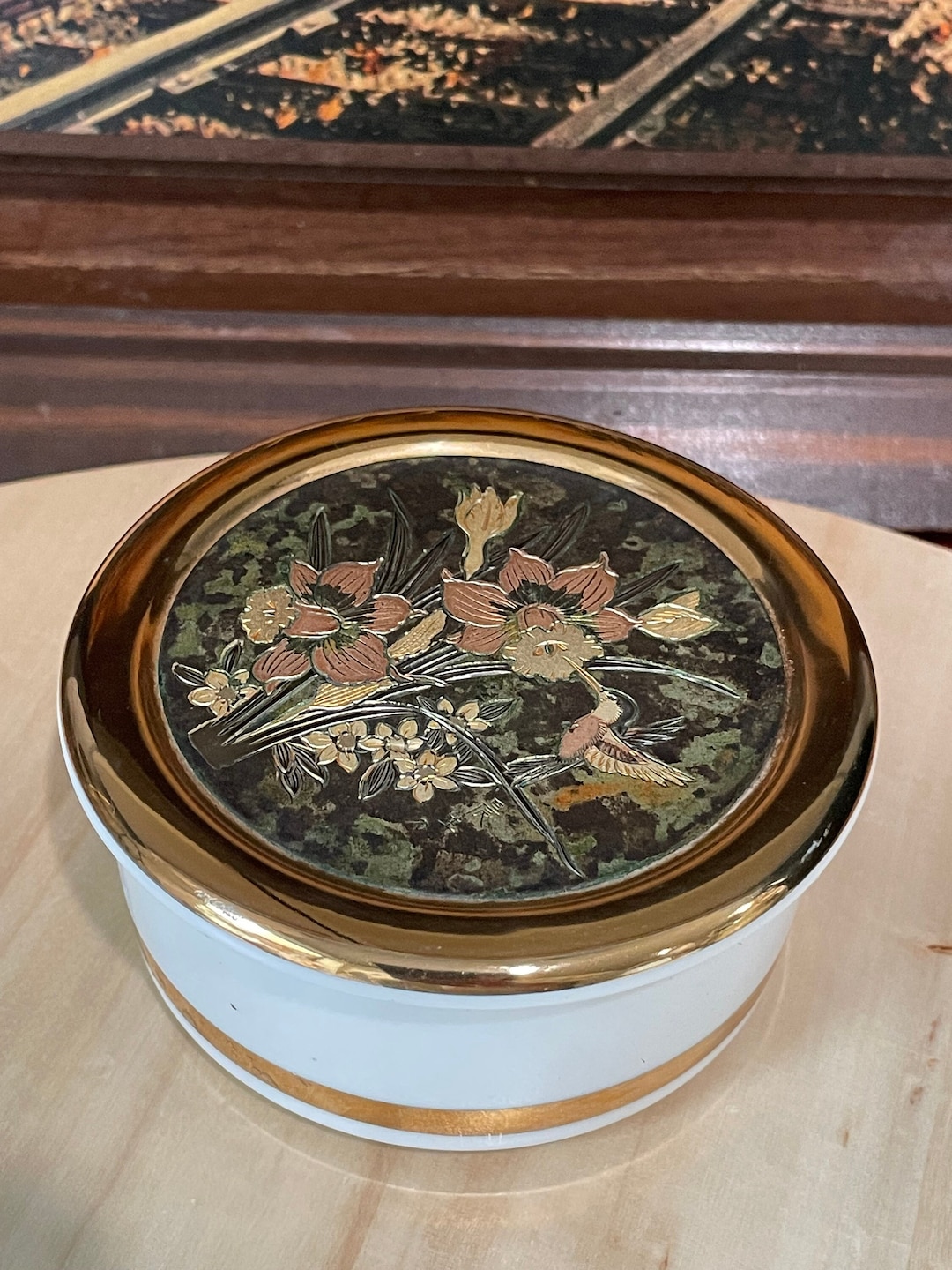 Vintage Art of Chokin Round Porcelain Trinket Box • 24kt Gold & Silver ...