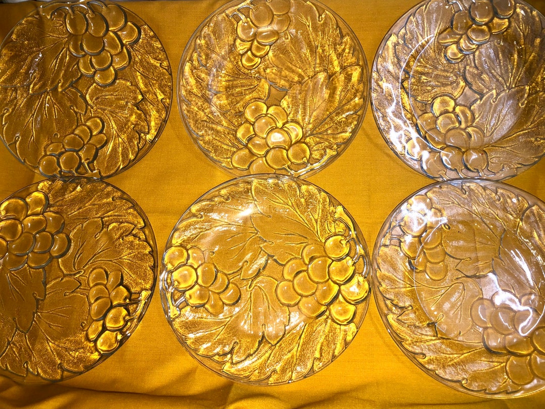 Set of 10 Vintage Etched Clear Glass Embossed Plates Grapes Indonesia ...