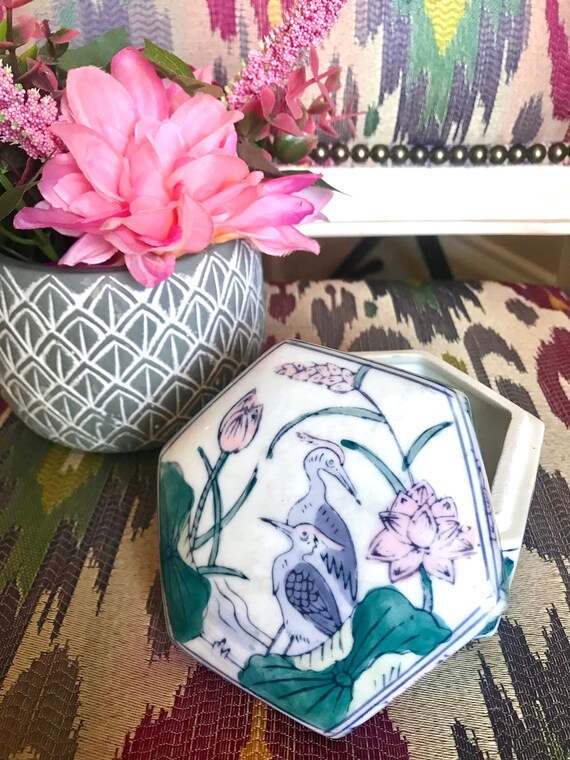Vintage Chinoiserie Crane Birds Jewelry Box | Porcela… - Gem