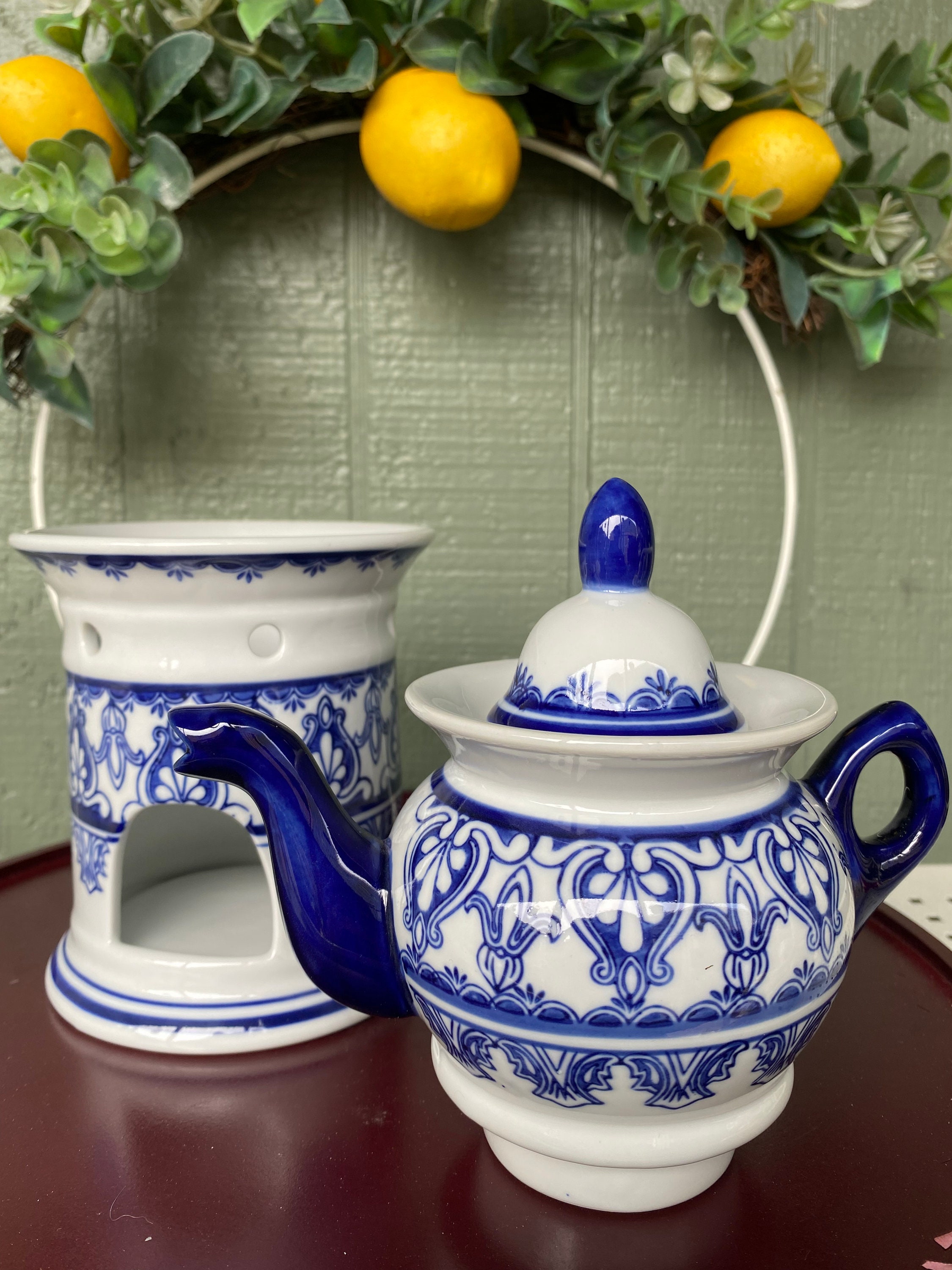 Bombay Porcelain Blue & White Teapot With Warmer Stand for Tea / Coffee ...