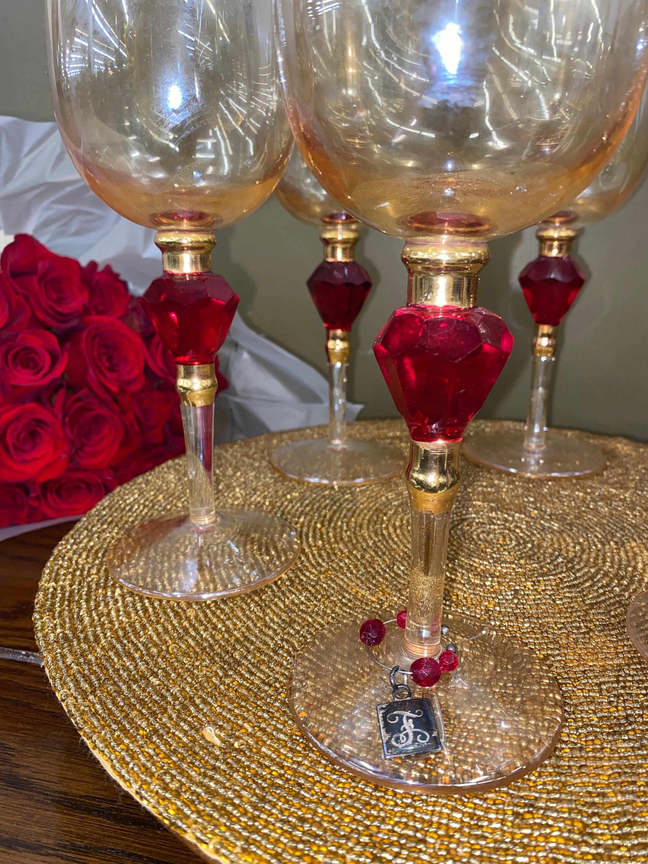 Vintage Pier 1 Amber Luster Glass Goblets With Gold Trim and Red ...