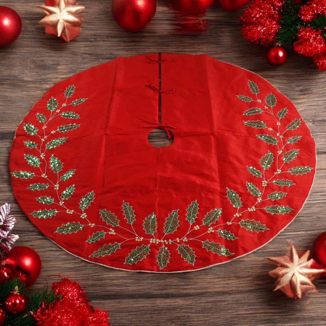 Red Silk Christmas Tree Skirt 48 Inch Christmas Tree Skirt Silk ...