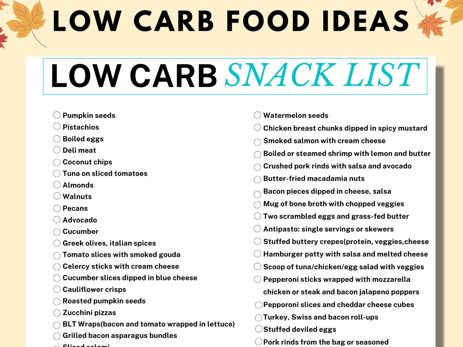 Low Carb Snack List Printable Low Carb Meal Planner Low - Etsy