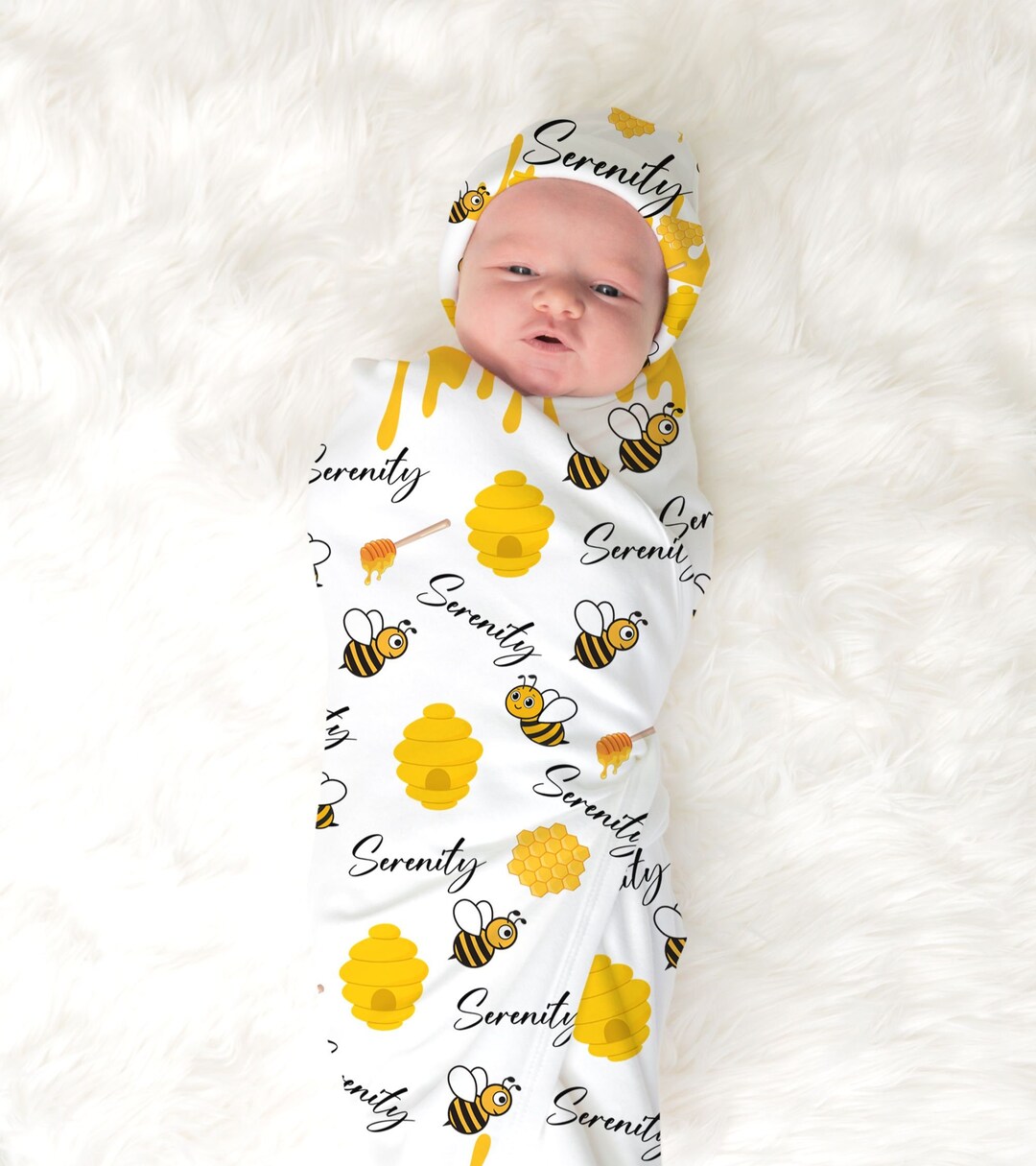 Honey Bee Baby Blanket , Personalized Swaddle With Hat , Custom Name ...