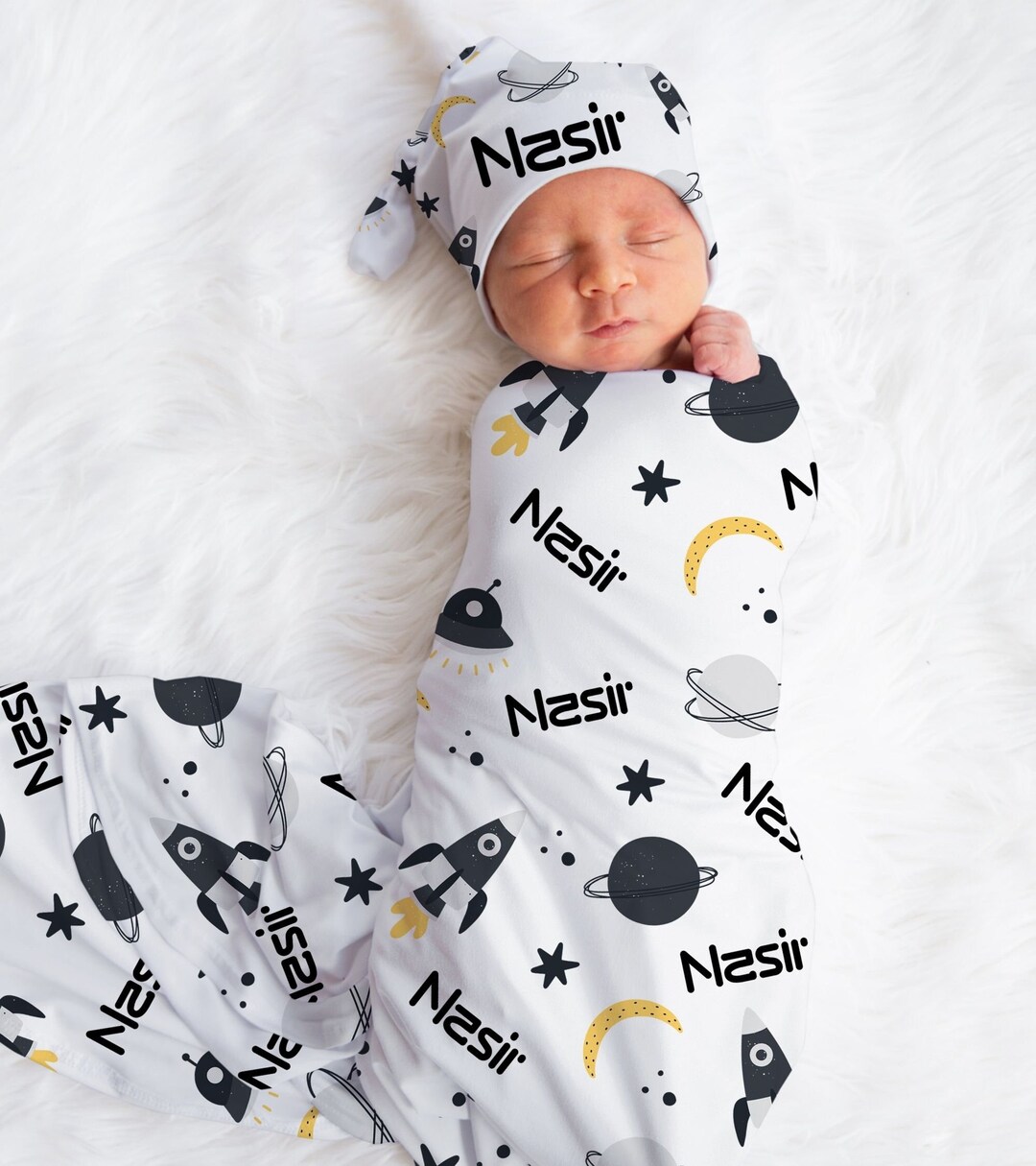 Outer Space Baby Blanket , Personalized Swaddle With Hat , Baby Boy ...
