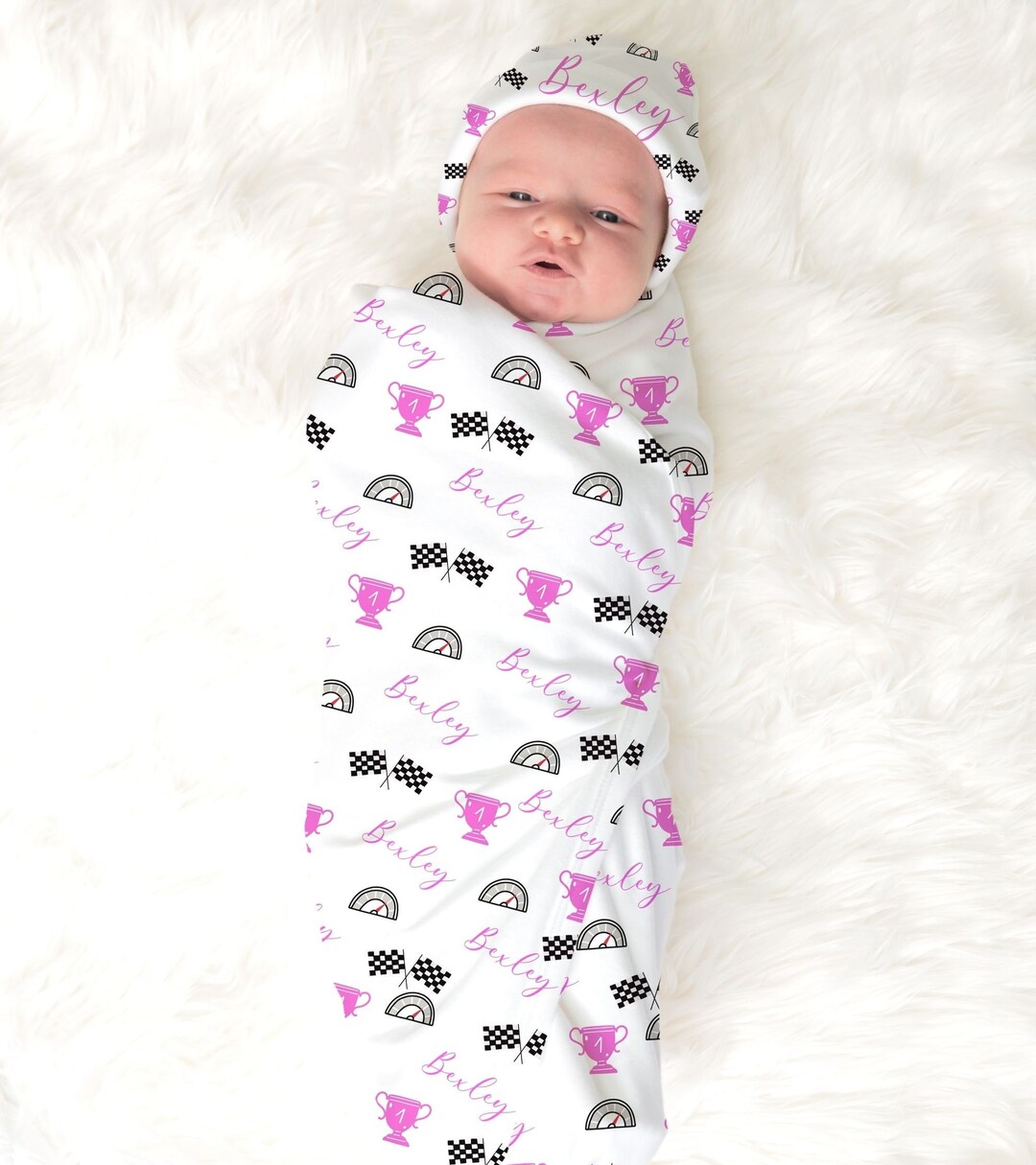 Baby Girl Race Car Baby Blanket , Personalized Swaddle Set , Baby ...