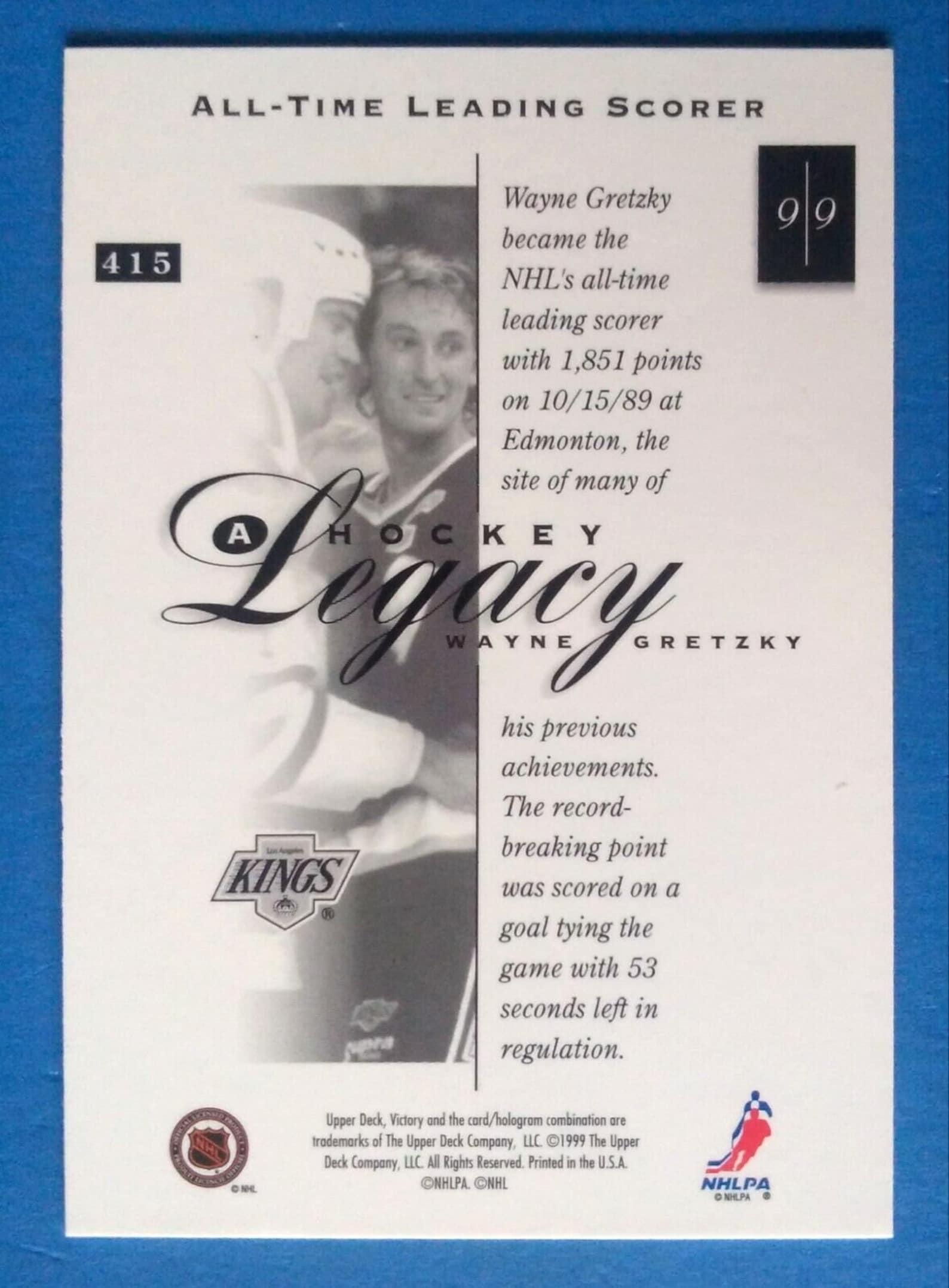 1999-00 UD VICTORY CARD #415 Hockey Legacy Wayne Gretzky All Time Leading Scorer - Etsy