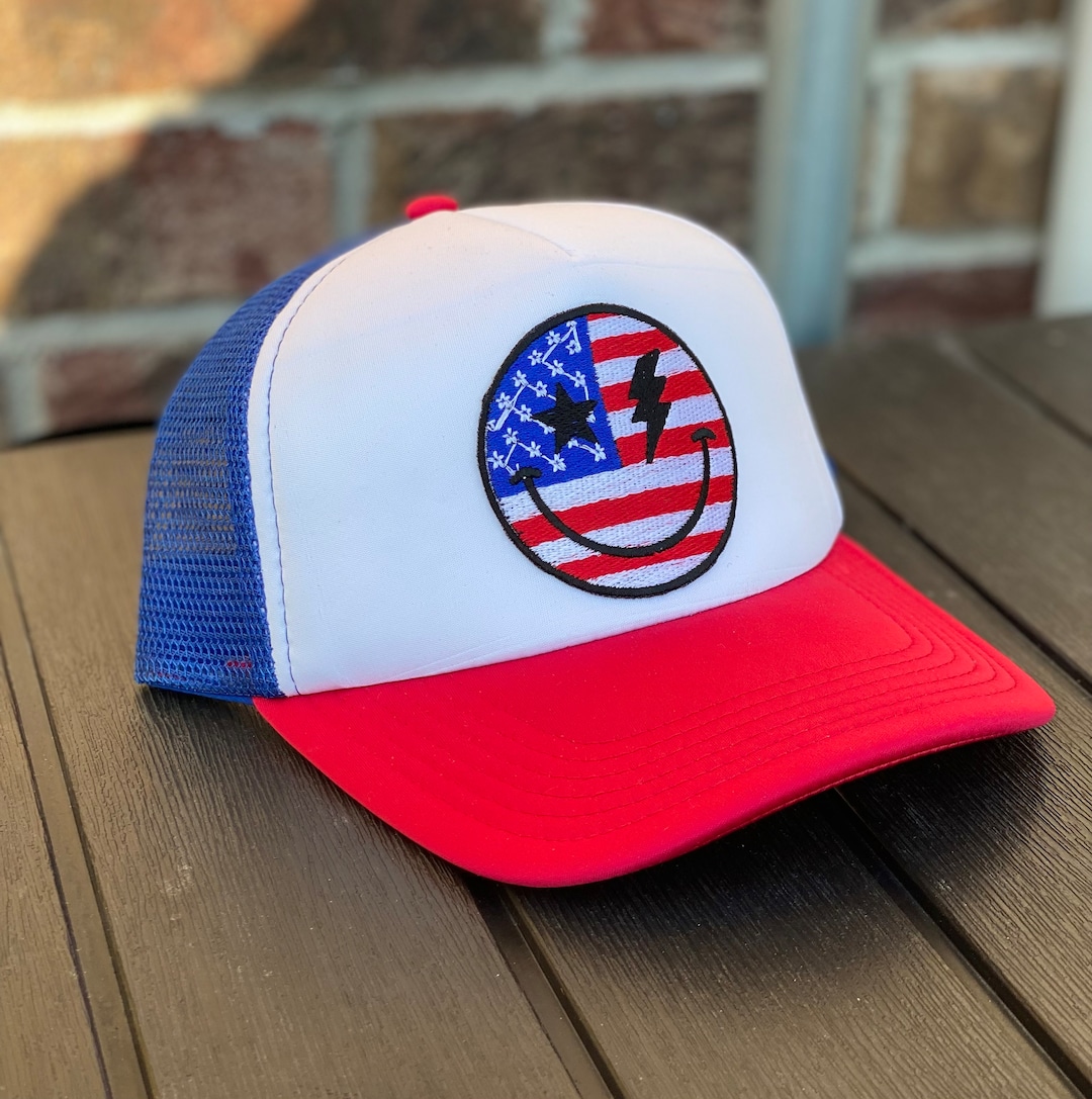 US Flag Smiley Patch Foam Cap | Foam Hat With Patch | Red White and ...