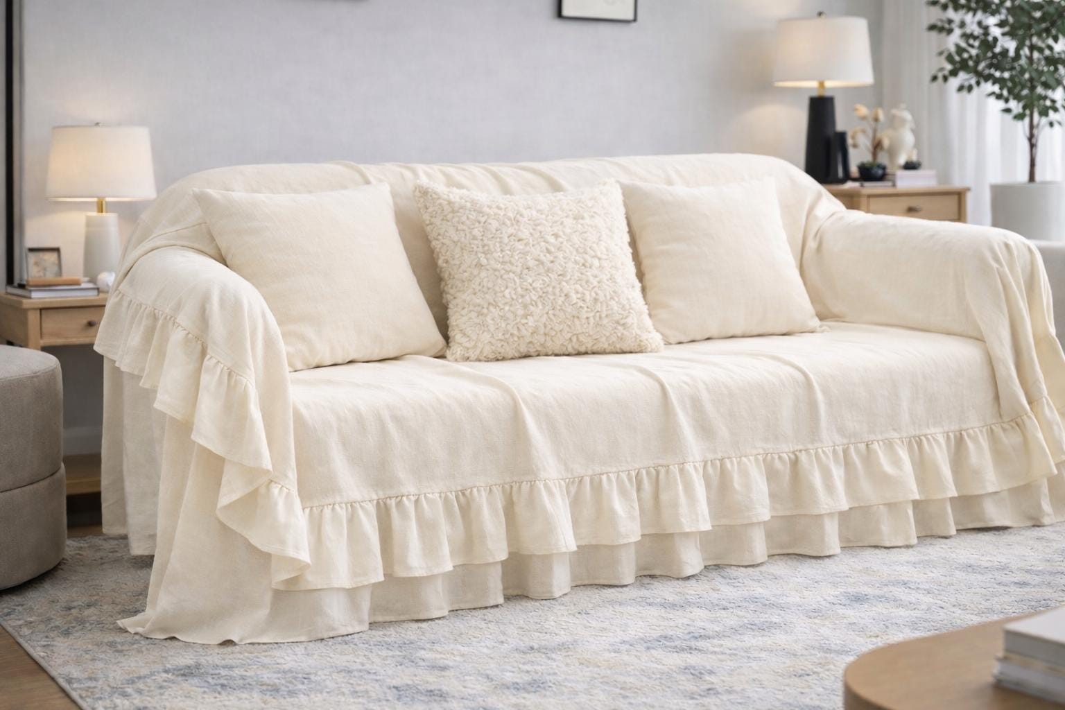 Boho Ruffled Cotton Linen Couch Cover - Natural Linen Sofa Cover ...