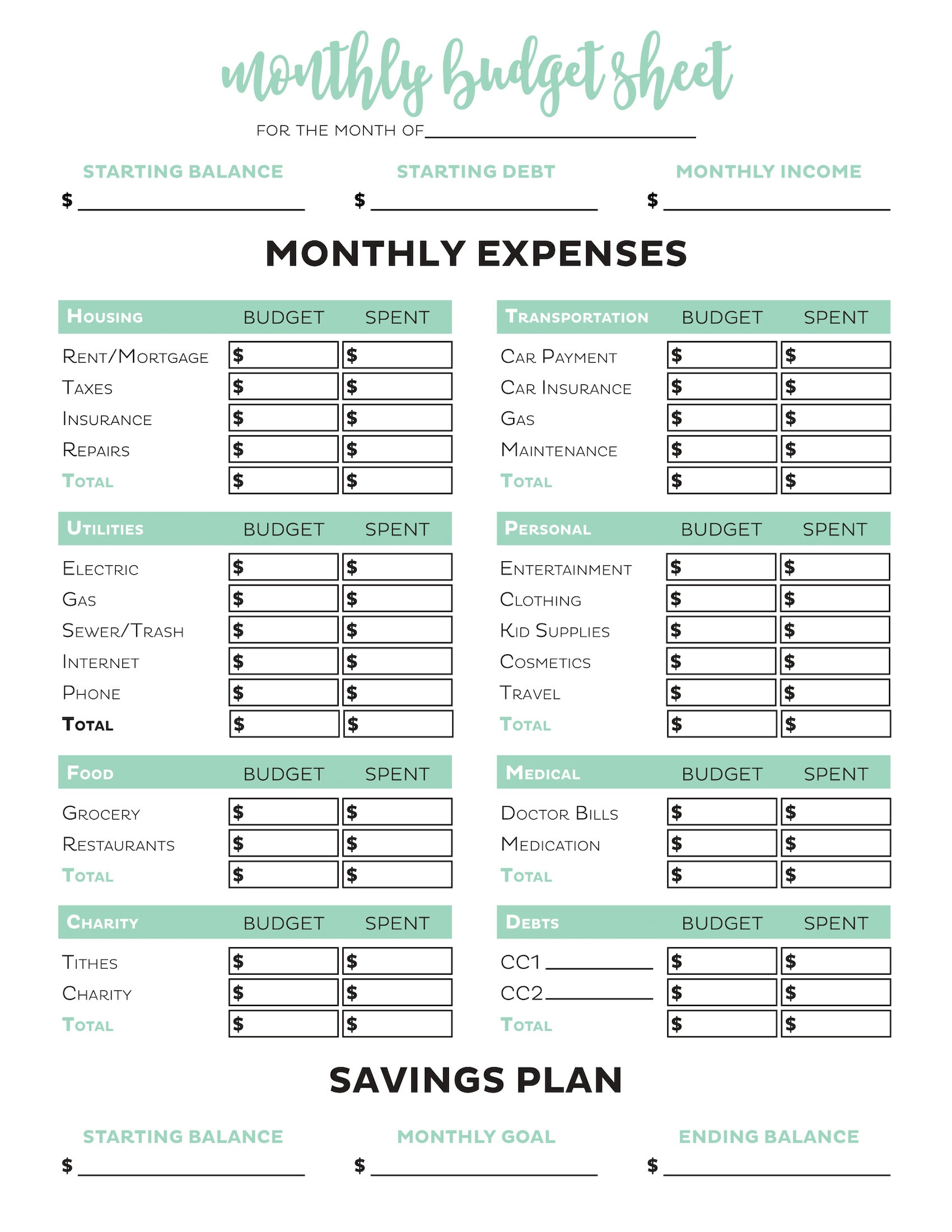 Monthly Budget Planner Printable Sheet, Undated Budget Tracker ...