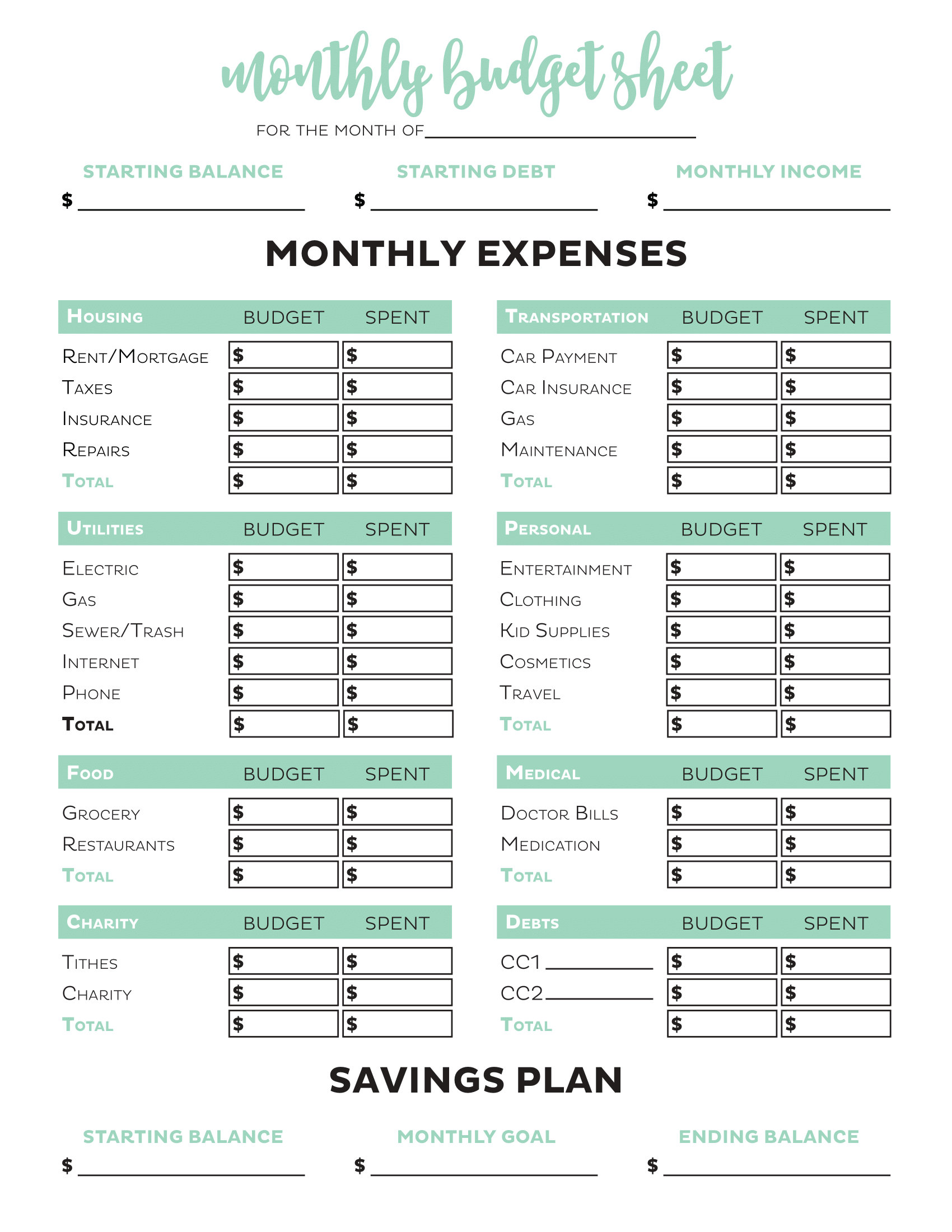 Monthly Budget Planner Printable Sheet Undated Budget - Etsy