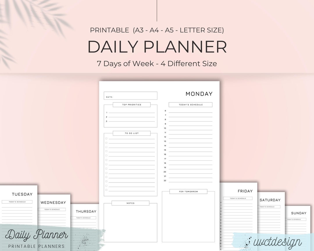 Minimal Daily Schedule Black and White Planner | A3 A4 A5 Letter Size ...