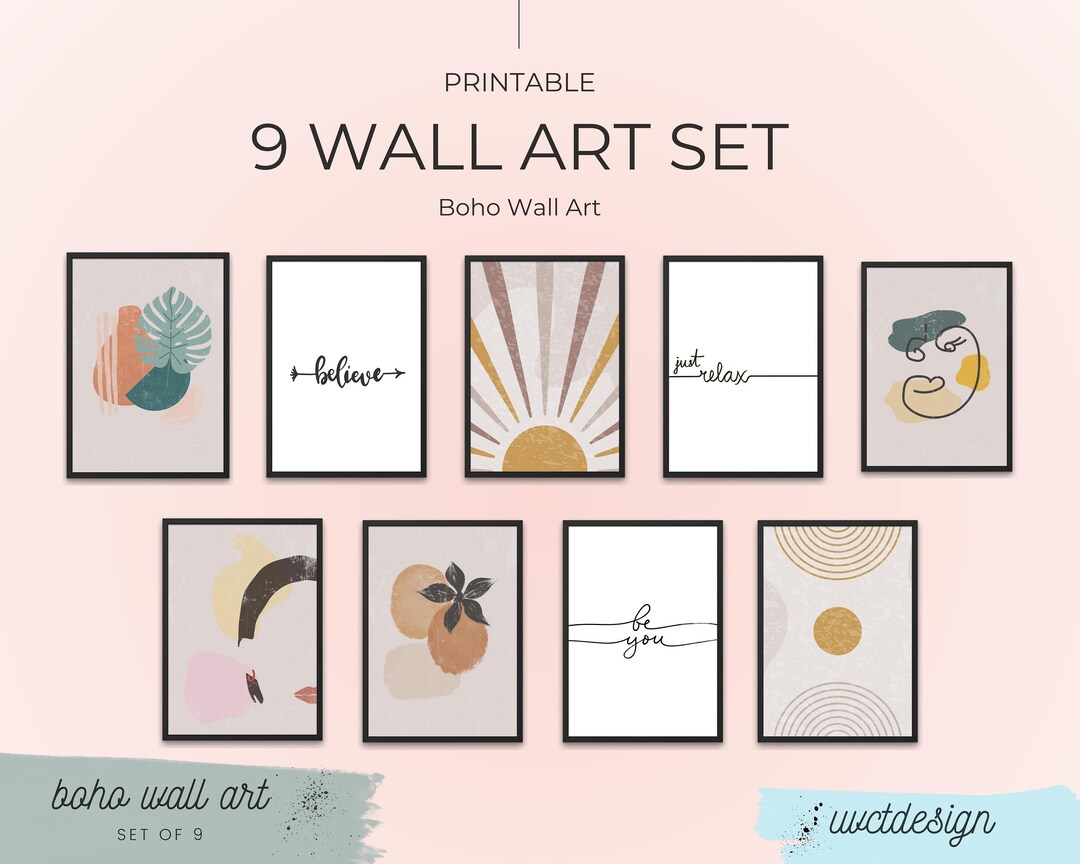 Set of 9 Boho Printable Wall Art, Abstract Wall Art, Home Decor Wall ...