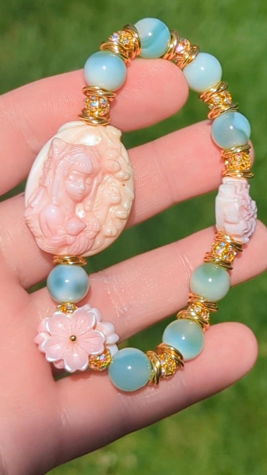 Fox Fairy With Fan- Queen Shell and Chinese Larimar - Gold- Handmade ...