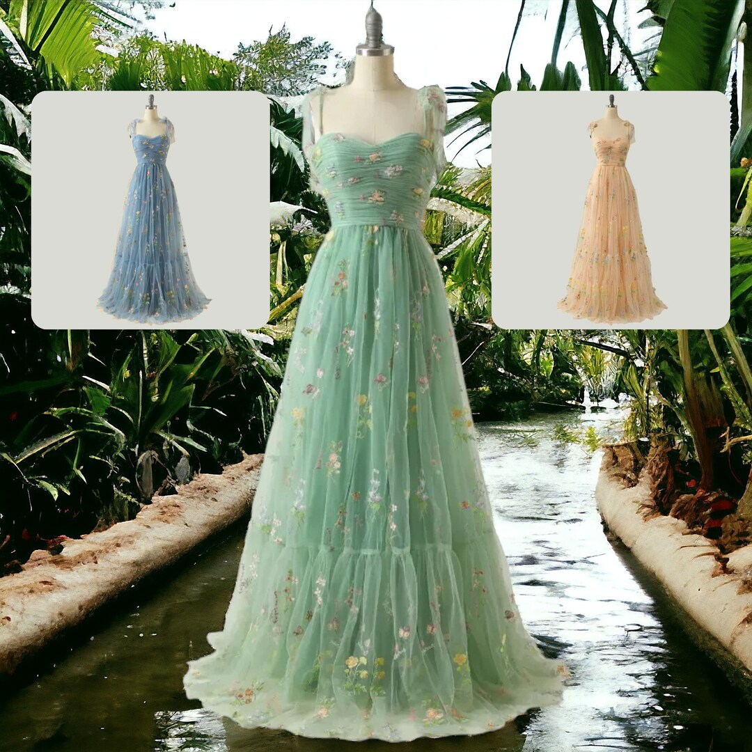 Green Floral Embroidered Tulle Slip Dress Maxi French Vintage Dress ...