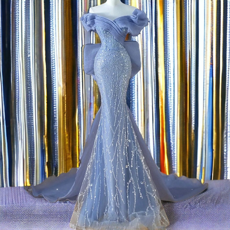 French off Shoulder Dress-wedding Dress,mist Blue Fish Tail Tulle Prom ...