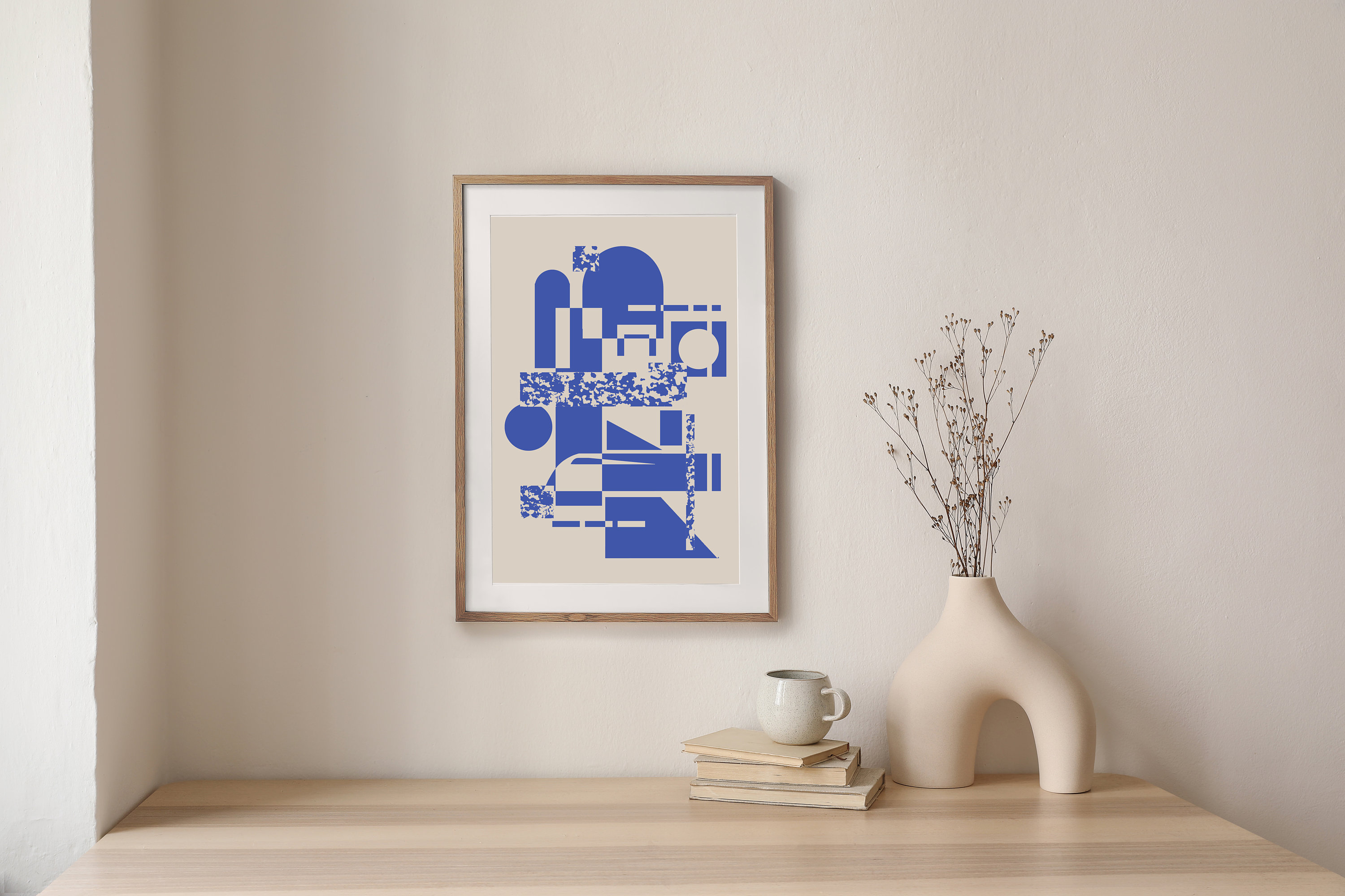 Soft Brutalism Print, Blue Mid Century Modern Design Abstract Geometric ...
