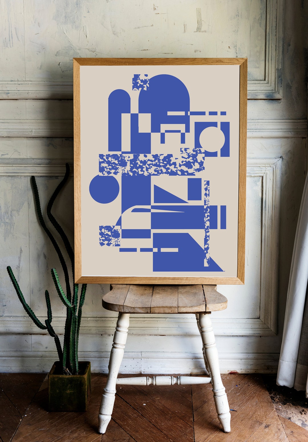 Soft Brutalism Print, Blue Mid Century Modern Design Abstract Geometric ...