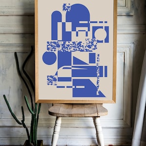 Soft Brutalism Print, Blue Mid Century Modern Design Abstract Geometric ...