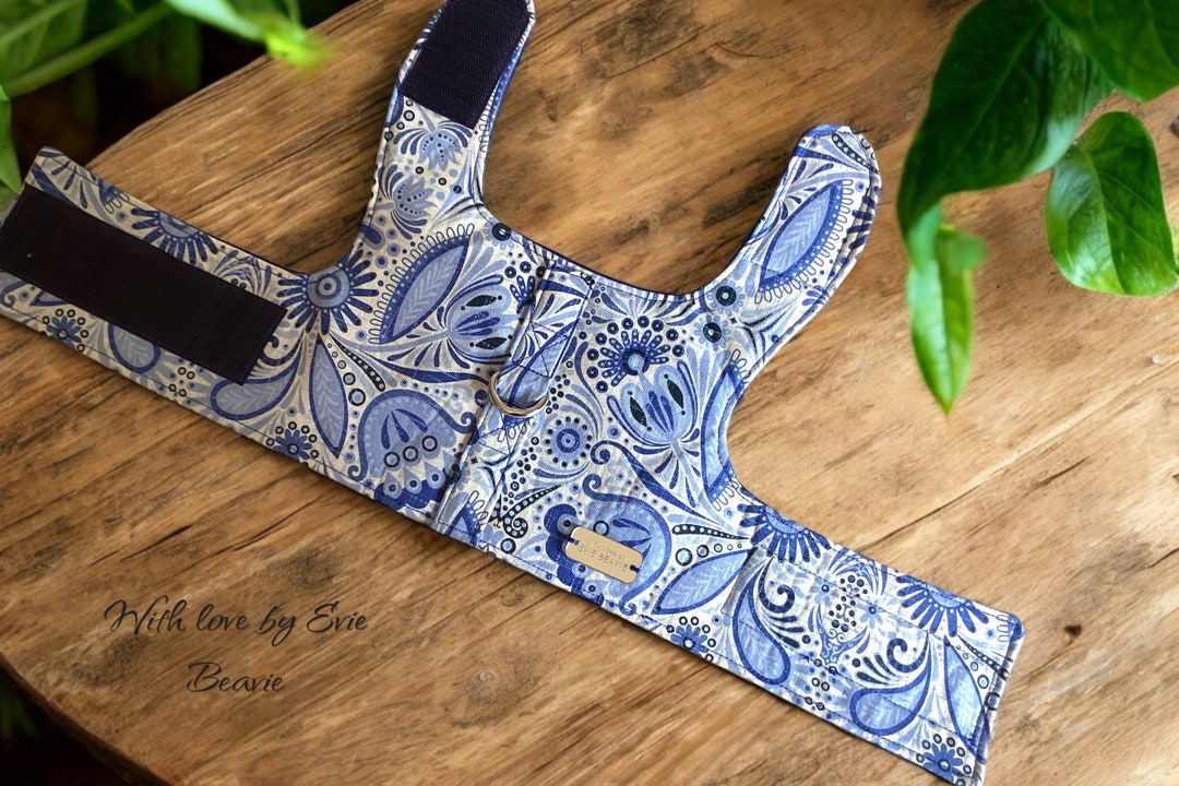 DESIGNER DOG HARNESS Gorgeous Blue White Fabric Soft Padded Adjustable ...