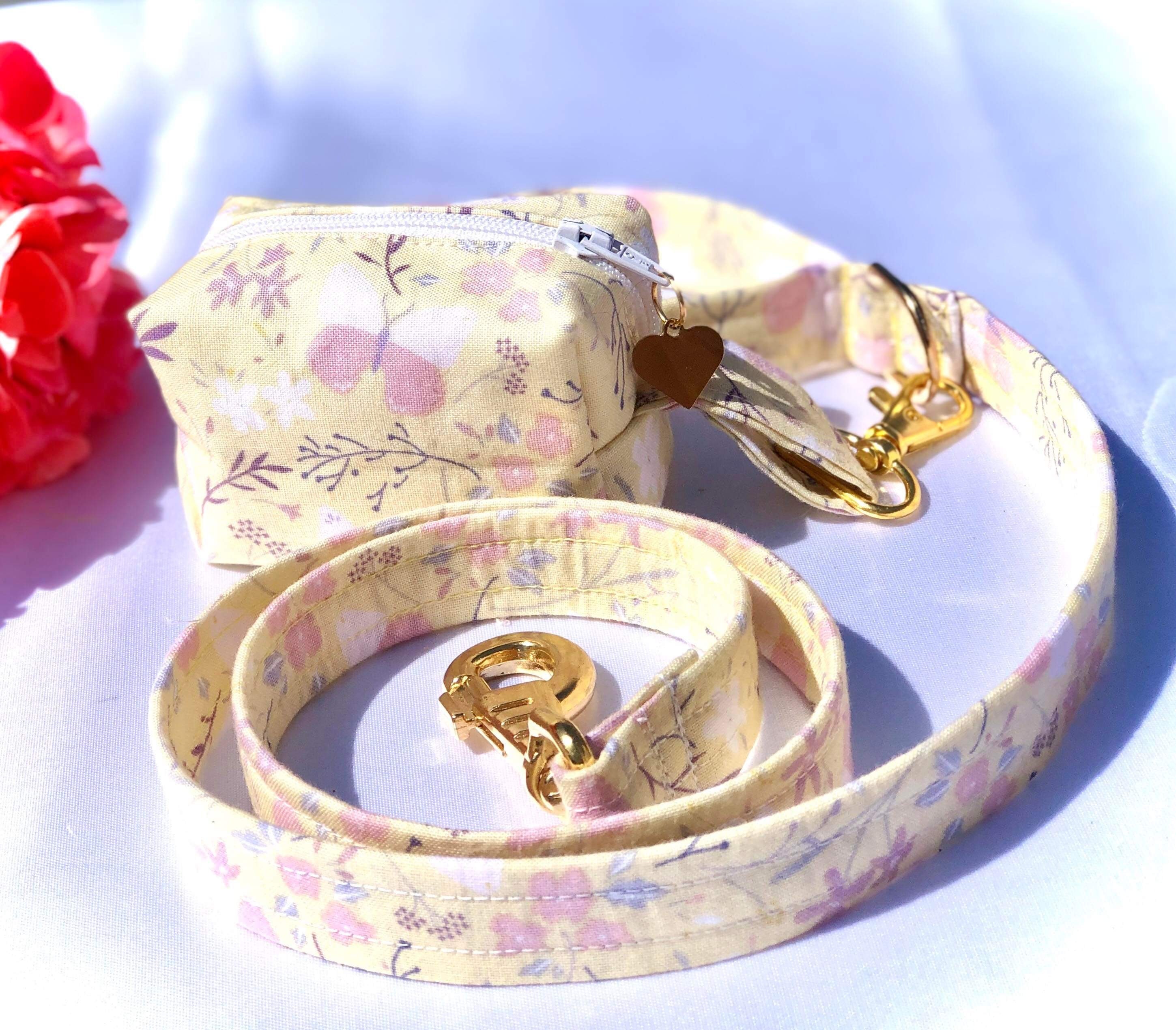 DOG HARNESS SET Leash Poop Bag Lemon Pink Butterfly Gold Adjustable ...