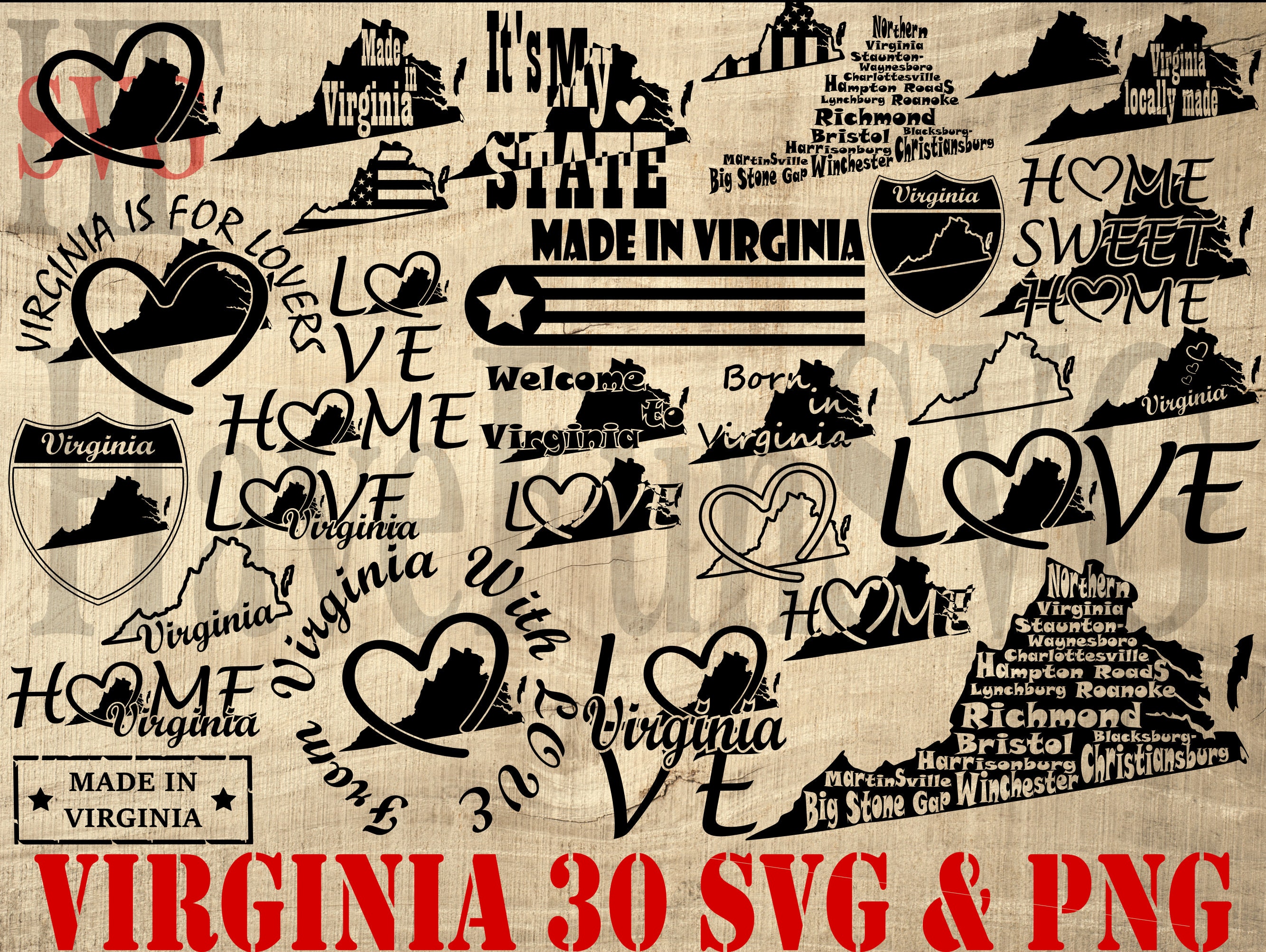Virginia State Home Love SVG PNG Vector Digital Download Files Bundle ...