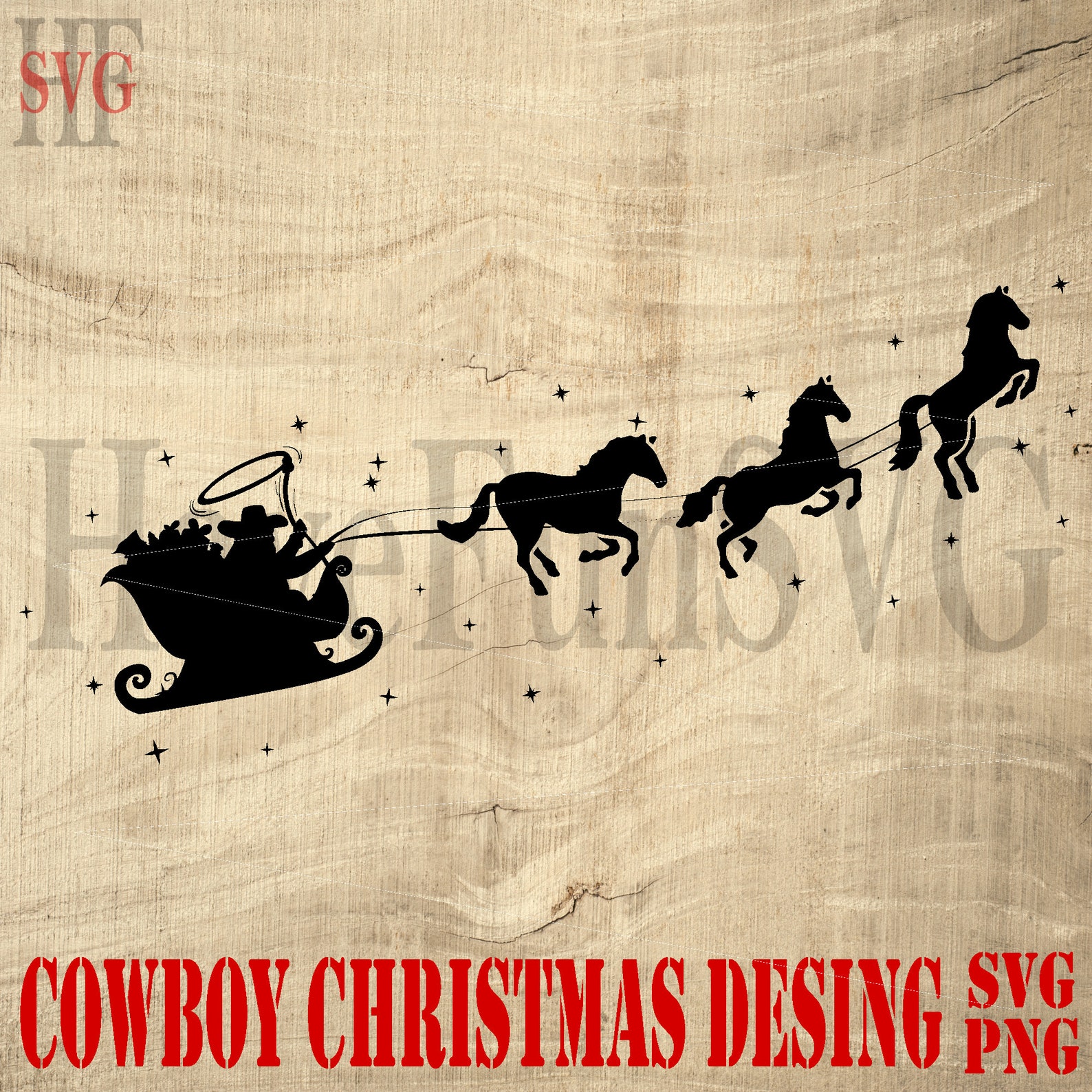 Cowboy Santa Claus Sleigh Merry Christmas Drawing SVG PNG Vector Print ...