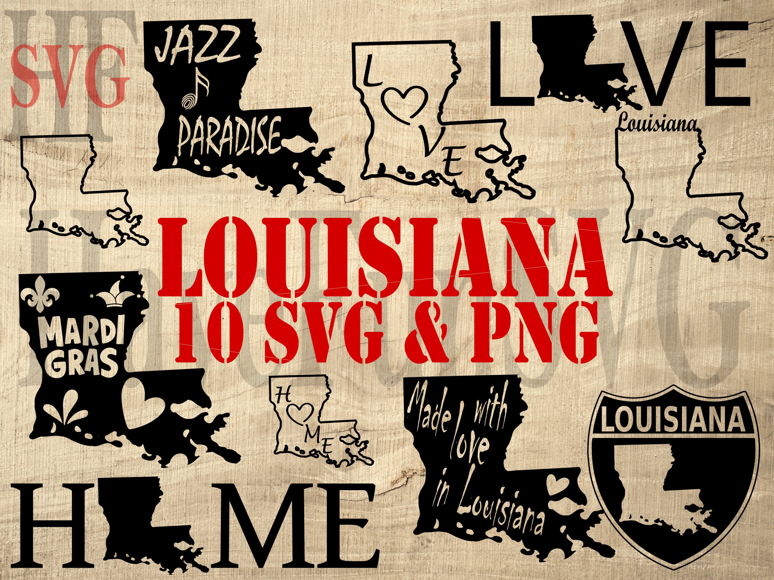 Louisiana USA 10 SVG PNG Bundle Instant Download Files Outline State ...