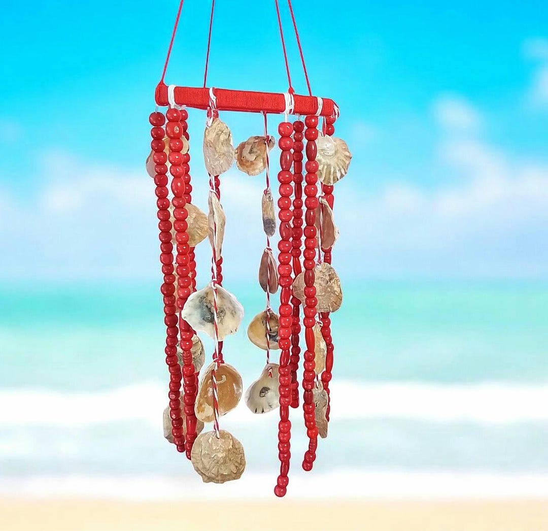 Irish Oyster Shell Wind Chime With Red Wooden Beads. Garden Decoration ...