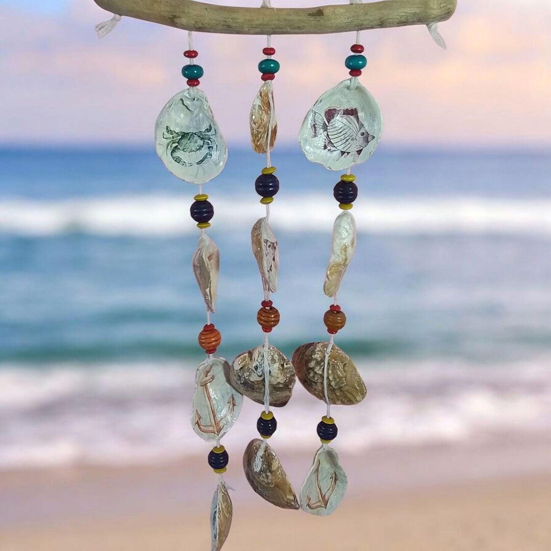 Irish Unique Oyster Shell Decoupage Wind Chime, Sea Worn Driftwood ...